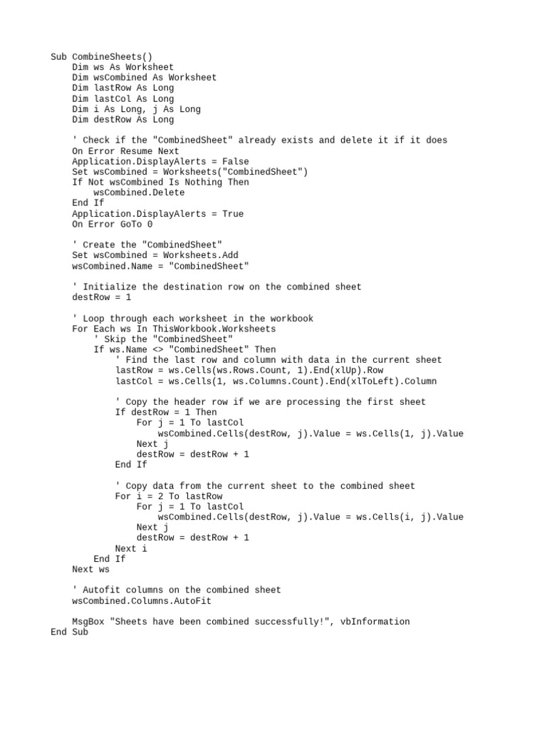 Vba Code To Combine Data in Multiple Sheets | PDF