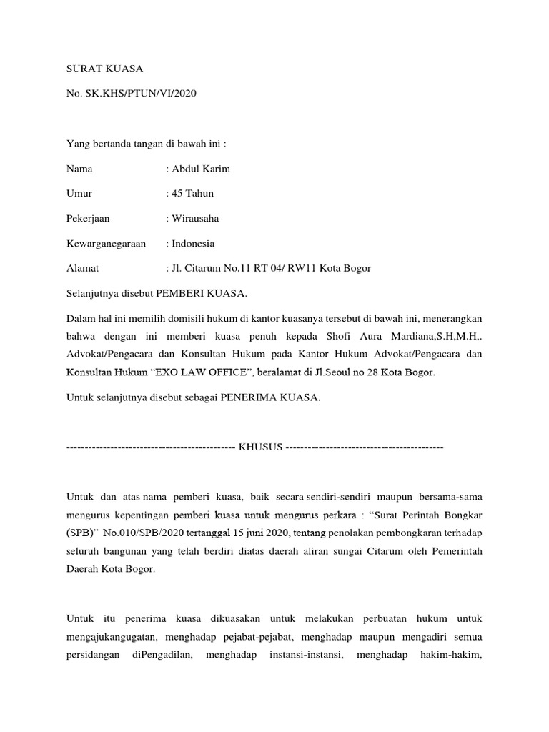 SURAT KUASA KHUSUS - Shofi Aura Mardiana 010117156 - MC Tun | PDF | Hukum