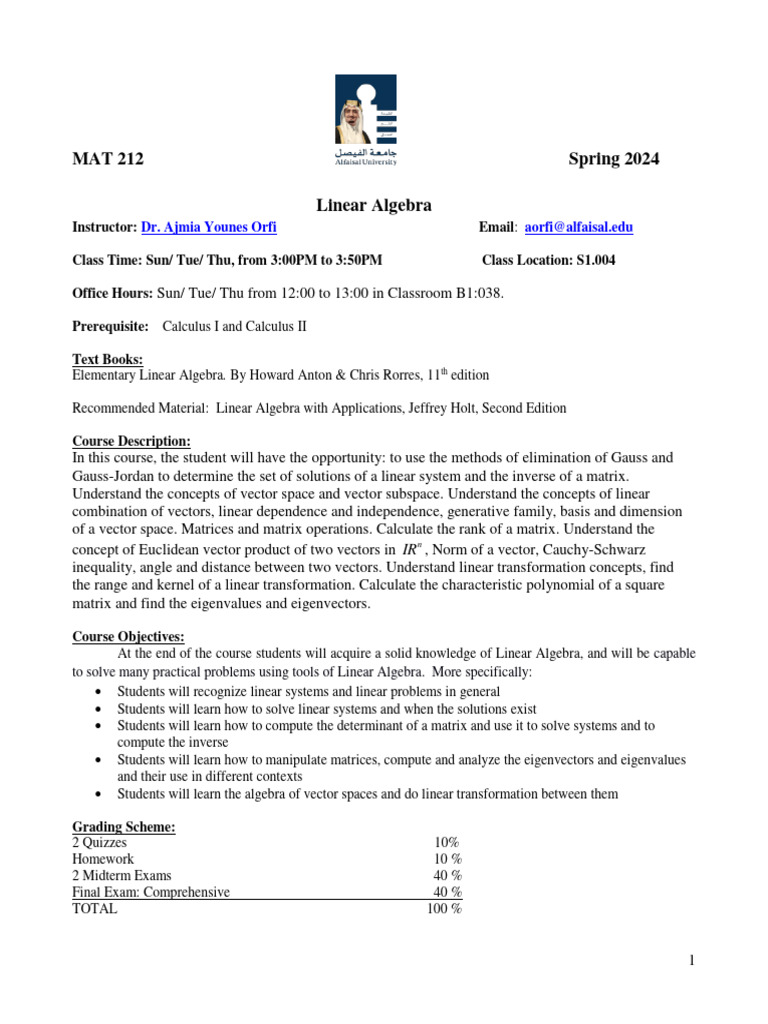 Syllabus of Linear Algebra-Spring2024 | PDF | Linear Map | Linear Algebra