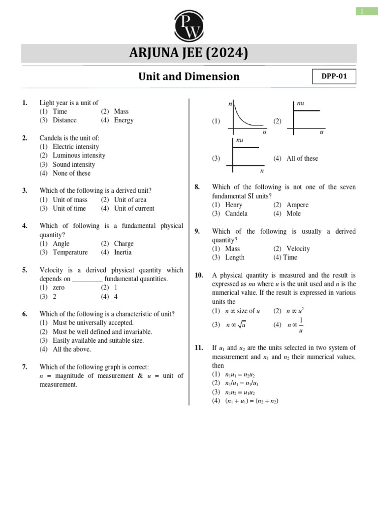 Units & Measurement - DPP 01 (Of Lec 04) - Arjuna JEE 2024 | PDF | Measurement | Metrology