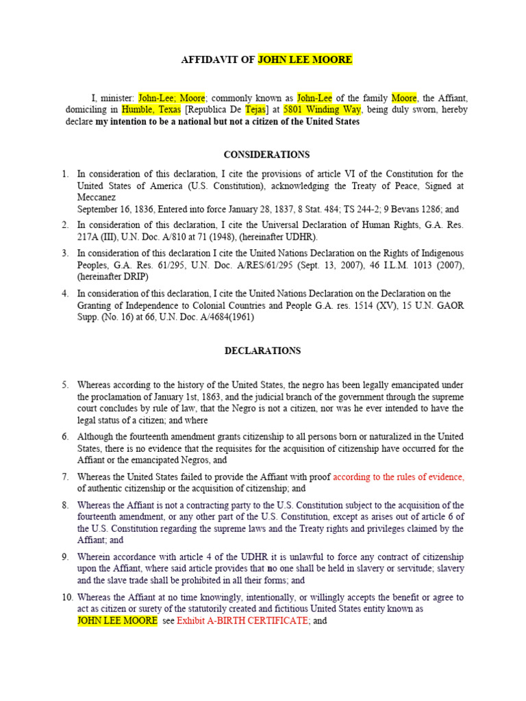 John Lee Moore's Affidavit of Nationality | PDF | Affidavit | Citizenship
