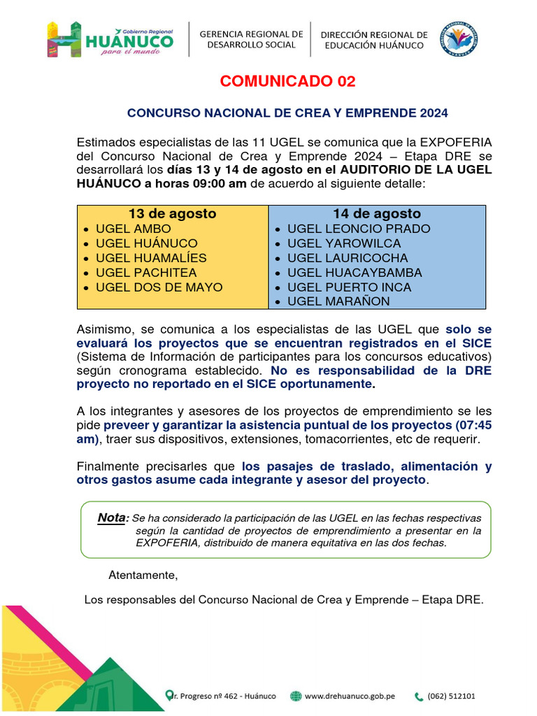 Comunicado 02 Concurso de Crea y Emprende 2024 - Etapa Dre-1 | PDF ...