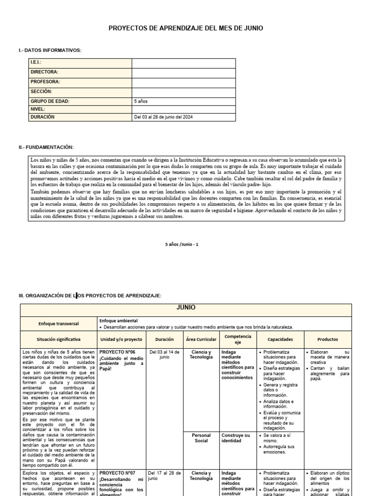5 Años - Proyecto de Aprendizaje - Junio | PDF | Información | Las emociones