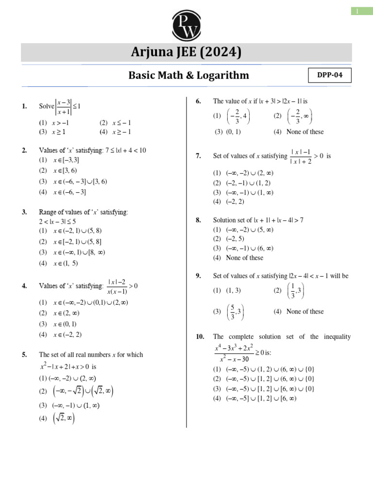 644a2a125212540018130dcf - ## - Basic Math & Logarithm - DPP 04 (Of Lec 07) - Arjuna JEE 2024 ...