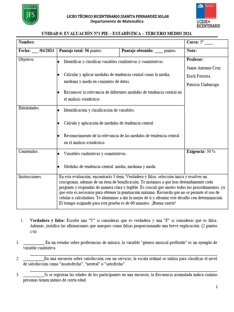 EVALUACION UNIDAD 0 PIE 3° MEDIO (Recuperado Automáticamente) | PDF | Mediana | Estadísticas