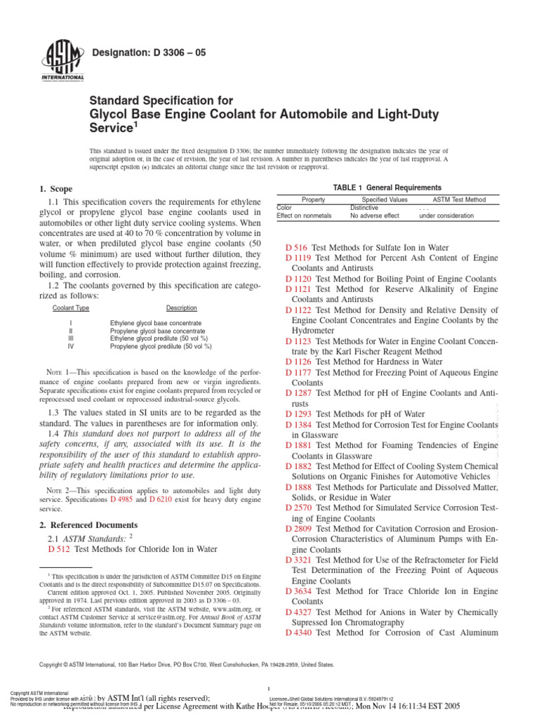 ASTM D 3306-05 (Coolant) | PDF | Chemical Compounds | Materials