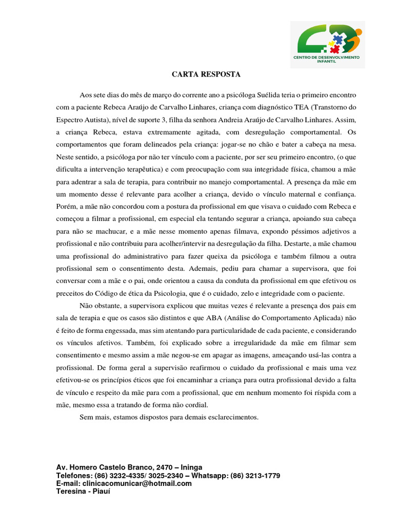 Carta Resposta-Plano Assinado | PDF | Psicologia | Espectro do autismo
