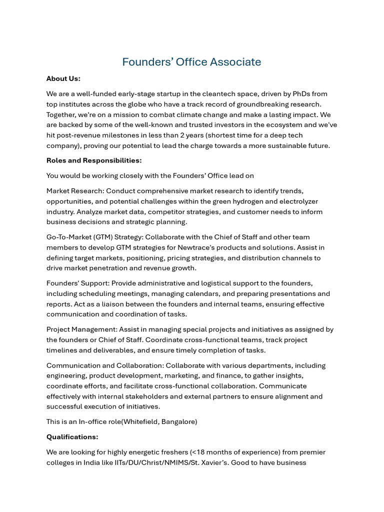 Founders' Office Associate Position | PDF | Startup Company | Small ...
