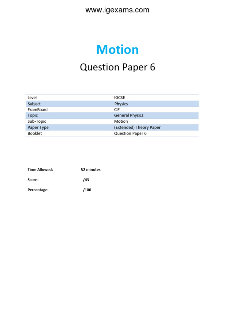 IGCSE Physics Motion Exam Paper | PDF | Force | Acceleration