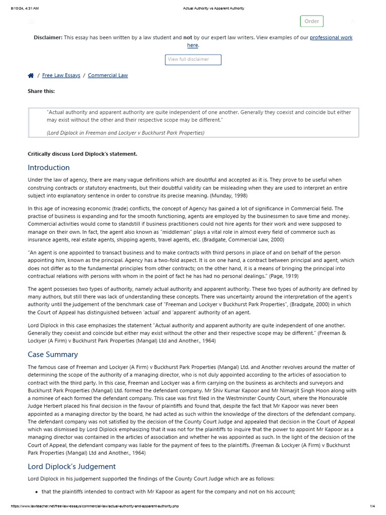 Actual Authority Vs Apparent Authority | PDF | Law Of Agency | Private Law