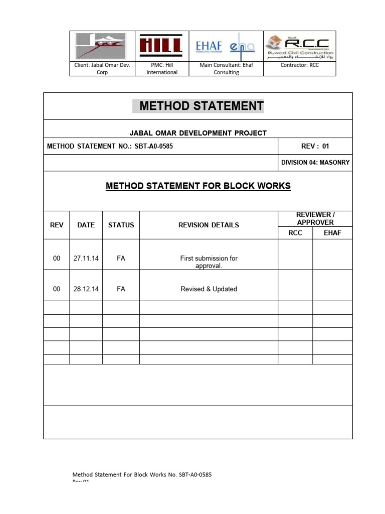 Method Statement For Block Works Rev01 | PDF | Masonry | Building Materials