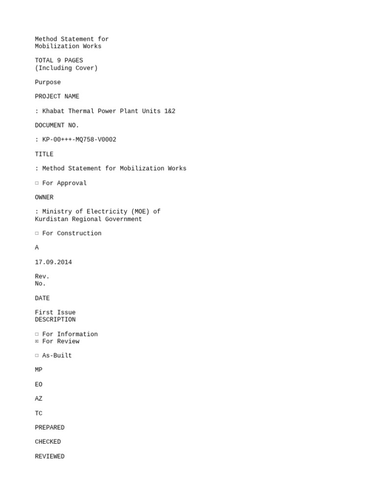 KP 00 Mq758 v0002 Rev A Method Statement For Mobilization Works | PDF ...