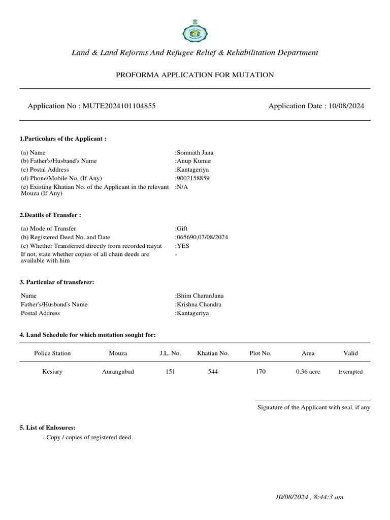 Mutation Application for Land Transfer | PDF