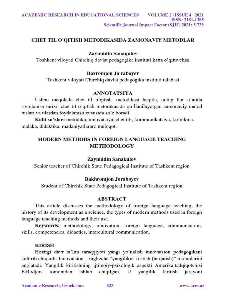 Chet Til Oqitish Metodikasida Zamonaviy Metodlar | PDF