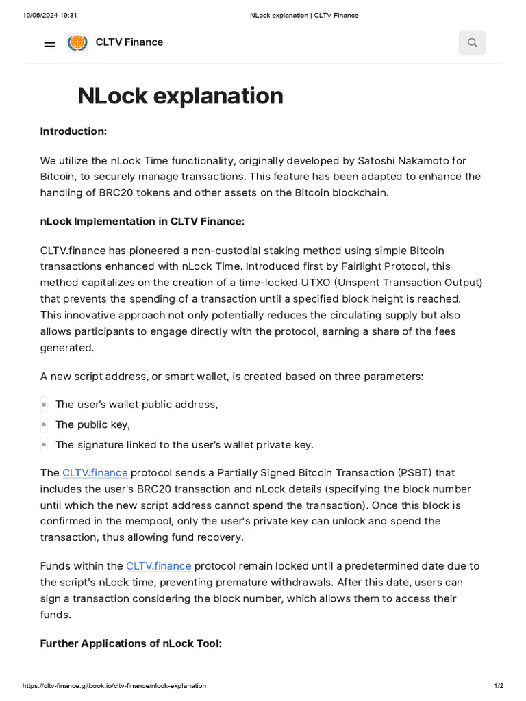 NLock Explanation - CLTV Finance | PDF | Bitcoin | Cryptocurrency
