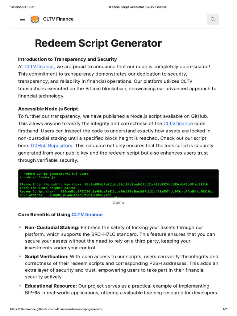 Redeem Script Generator - CLTV Finance | PDF | Computing | Computer Science
