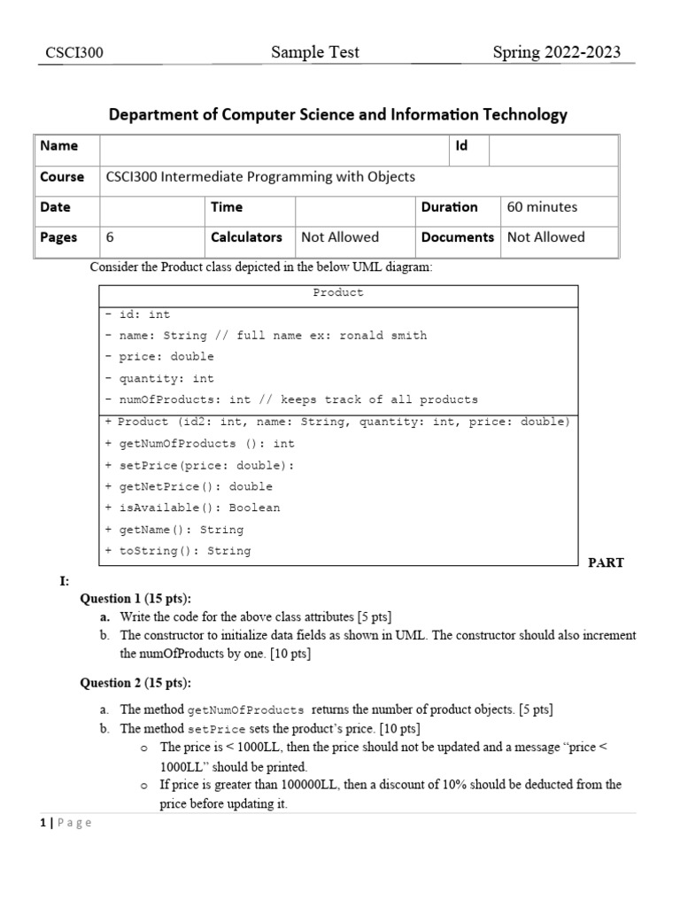 Sample Test | PDF | Constructor (Object Oriented Programming) | Programming Sample Test | PDF | Constructor (Object Oriented Programming) | Programming