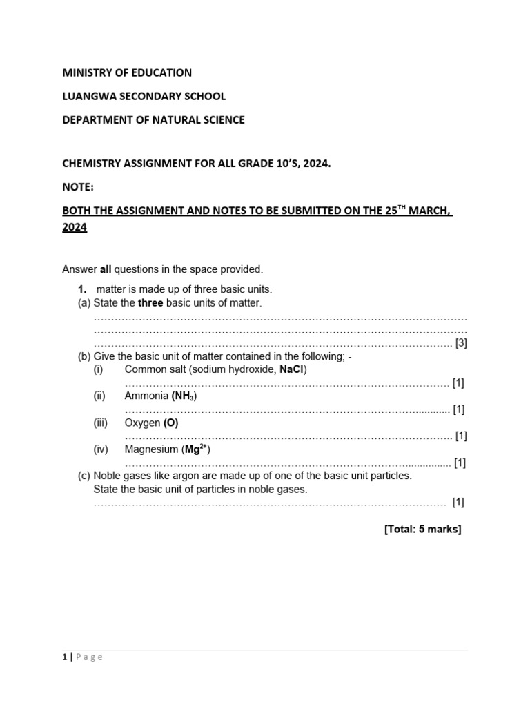 Chemistry Assignment For All g10's, 2024 | PDF | Brownian Motion | Gases