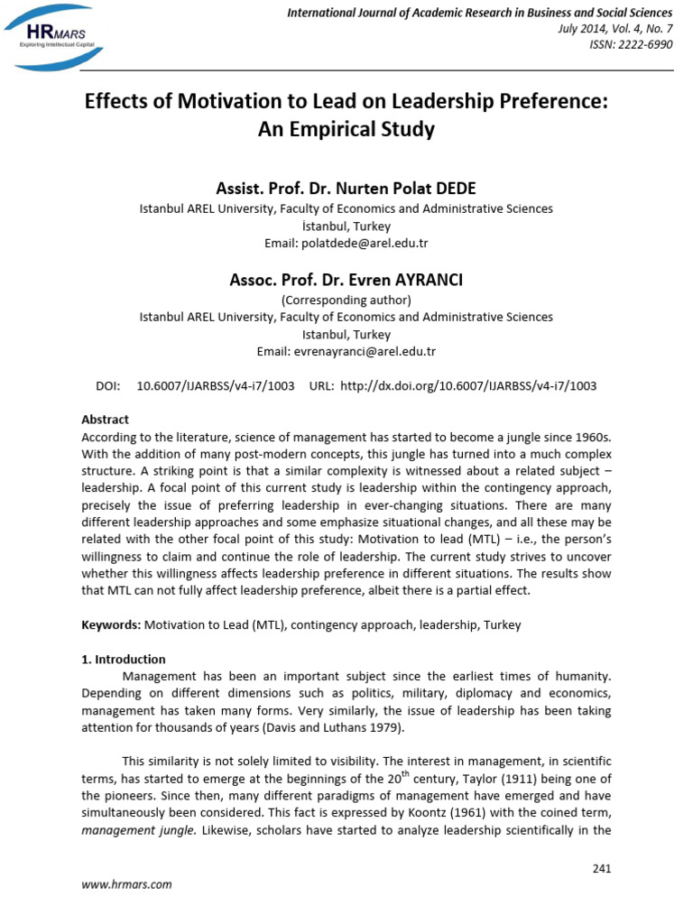 Effects of Motivation To Lead On Leaders | PDF | Leadership | Statistics