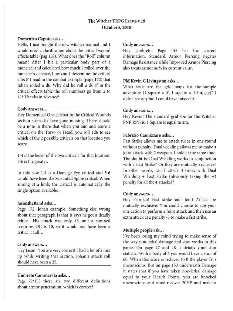 The Witcher TRPG - Corebooks - FAQ 2018-10-05 | PDF