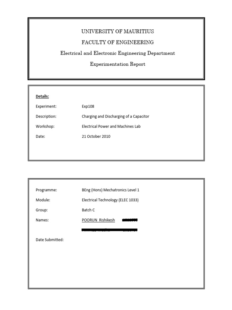 Electric Lab Report - Expt 108 (Geek09) | PDF | Capacitor | Electrical ...