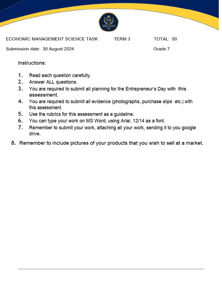 Grade 7 EMS Assignment Term 3 | PDF | Entrepreneurship | Swot Analysis