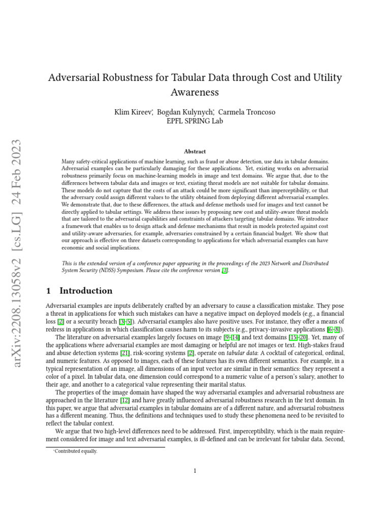 Adversarial Robustness For Tabular Data Through Cost and Utility Awareness | PDF | Machine ...
