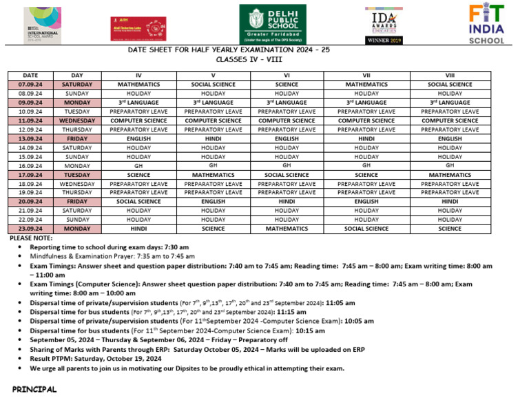 DATE SHEET FOR HALF YEARLY EXAMINATION 2024 – 25 (IV-VIII) | PDF DATE SHEET FOR HALF YEARLY EXAMINATION 2024 – 25 (IV-VIII) | PDF