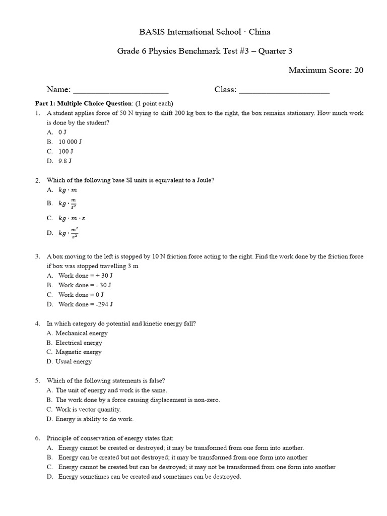 Physics 6 - Quarter 3 Benchmark | PDF | Electric Charge | Potential Energy