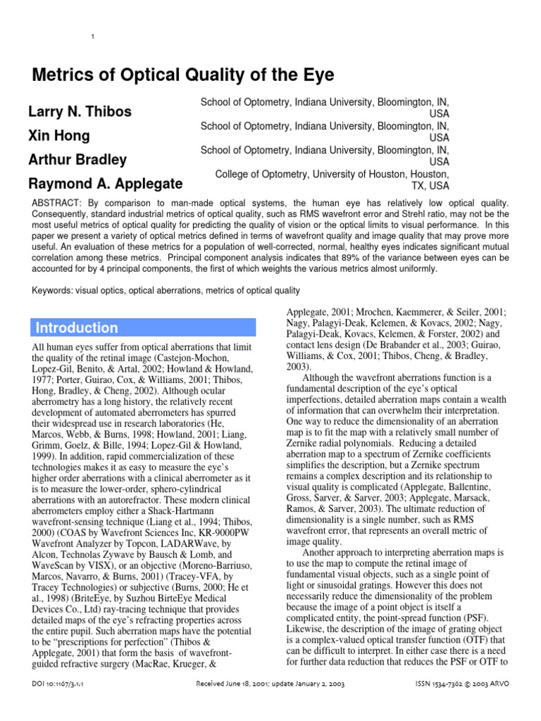 Optical Quality Metrics of the Eye | PDF | Optics | Electromagnetic ...