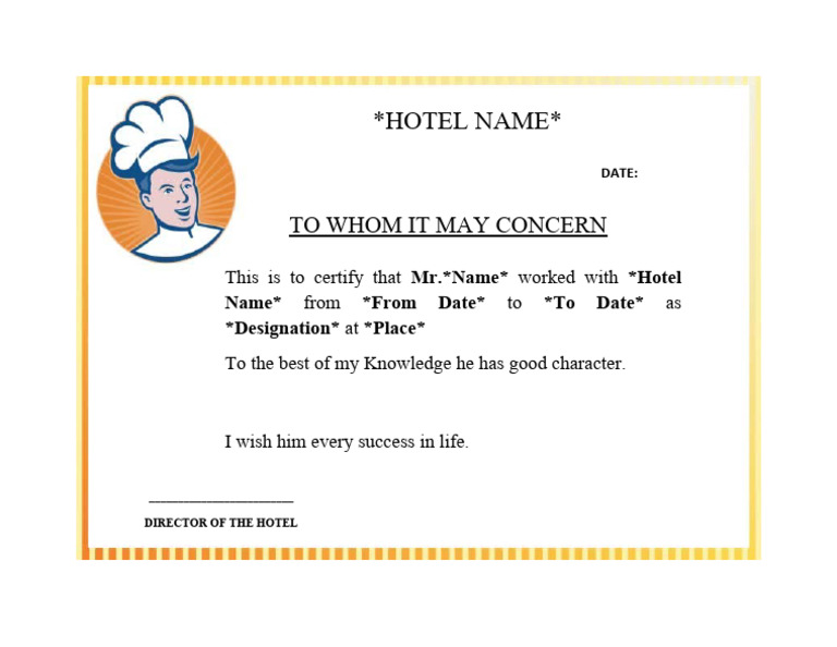 Hotel Cook Experience Certificate Sample | PDF