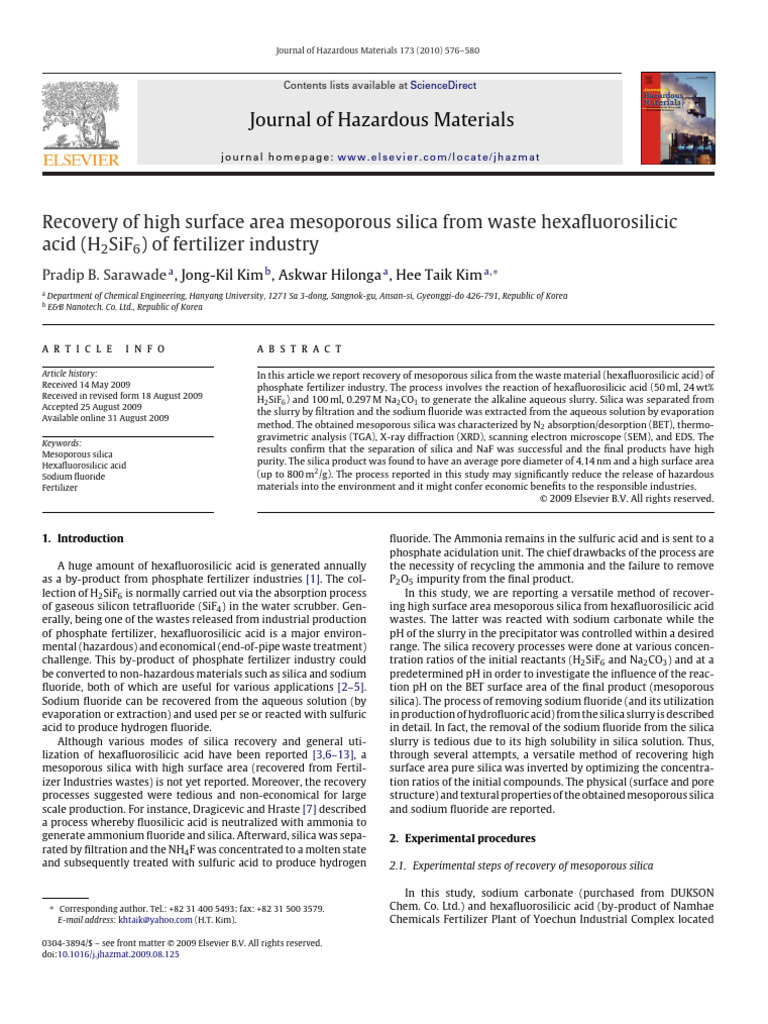 Recovery of High Surface Area Mesoporous Silica From Waste ...