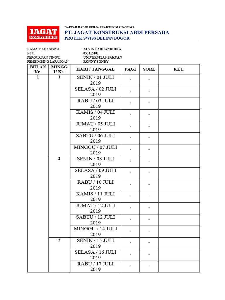 Daftar Hadir Kerja Praktek Mahasiswa Universitas Pakuan | PDF