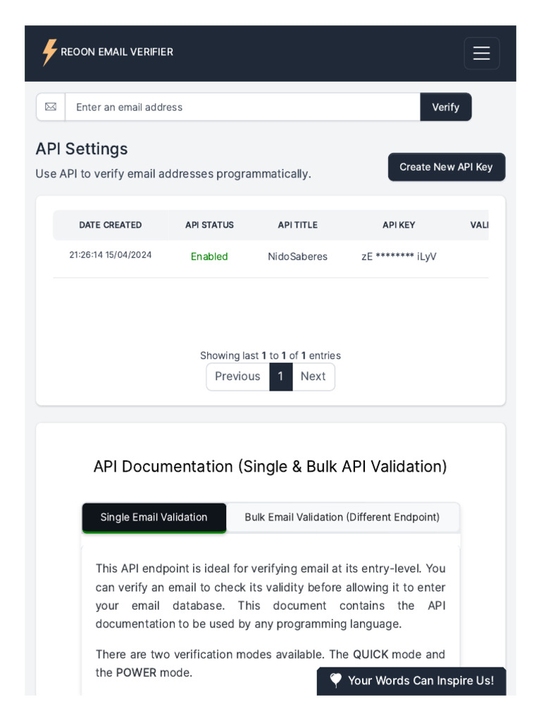 API Settings - Reoon Email Verifier | PDF | Email Address | Computing