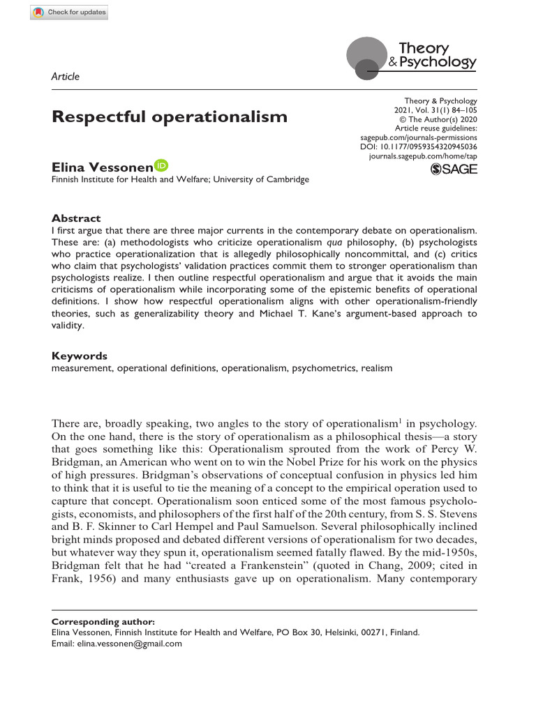 Vessonen - Respectful Operationalism | PDF | Psychology | Concept