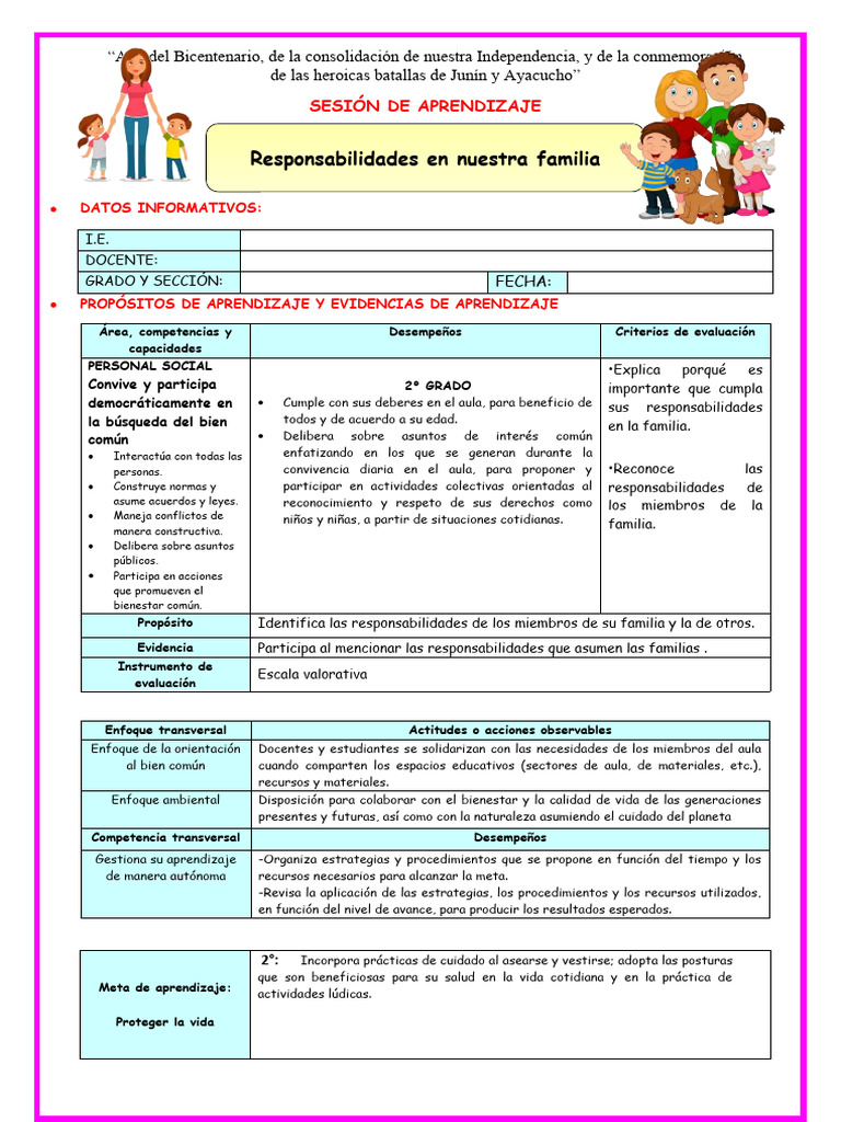 2º U3 S2 Sesion D1 PS Responsabilidades en Nuestra Familia | PDF | Evaluación | Aprendizaje