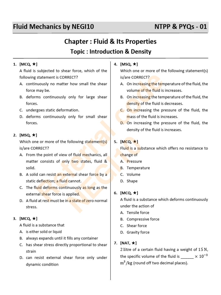 FM (NEW) NTPP & PYQs - 01 (30.03.24) | PDF | Fluid | Stress (Mechanics)