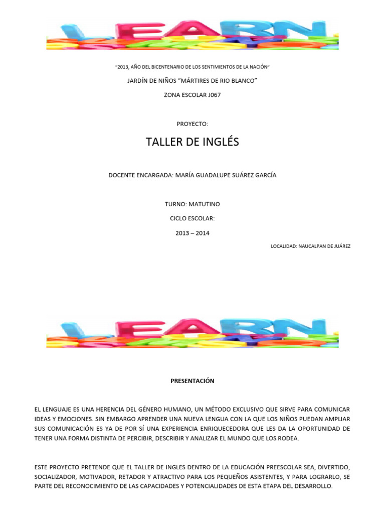 Proyecto de Ingles | PDF | Educación de la primera infancia | Comunicación humana