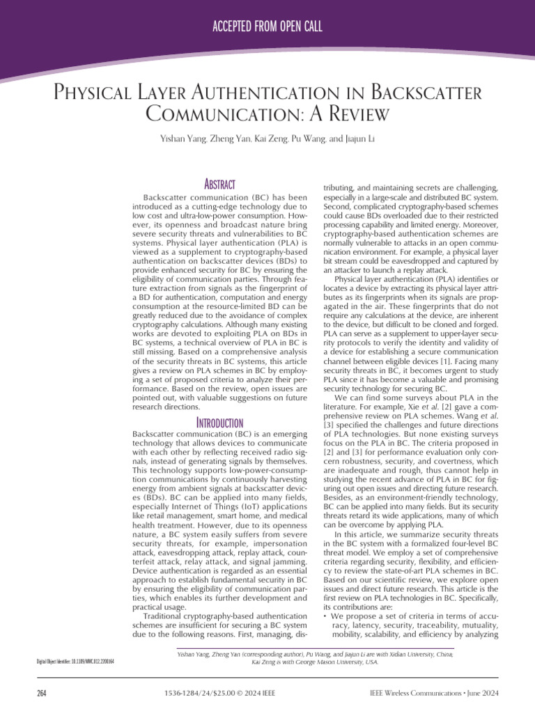 Physical Layer Authentication in Backscatter Communication A Review ...