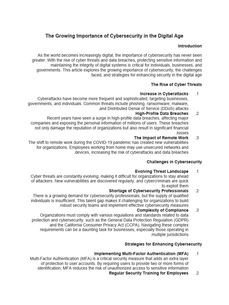 The Growing Importance of Cybersecurity in the Digital Age | PDF ...