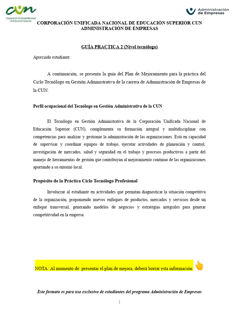 Guía Plan de mejora prácticas Nivel Tecnólogo 2 | PDF | Análisis FODA | Business