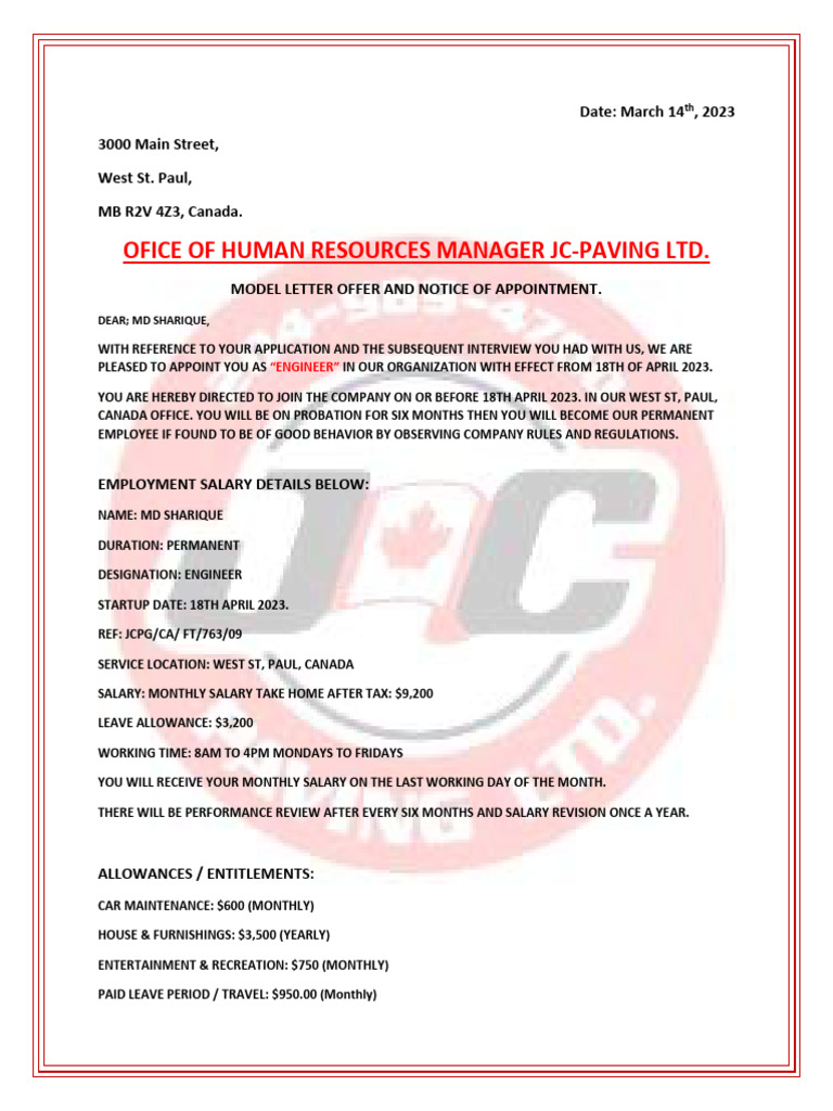 Appointment-Offer Letter | PDF | Employment | Travel Visa