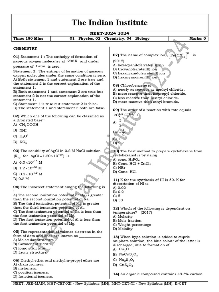 Neet 2024 Full Length Paper Ist Paper | PDF | Resonance | Chlorine