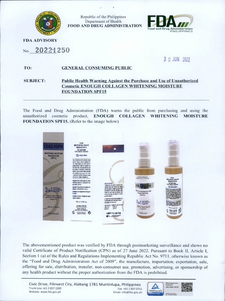 FDA Advisory No.2022 1250 | PDF