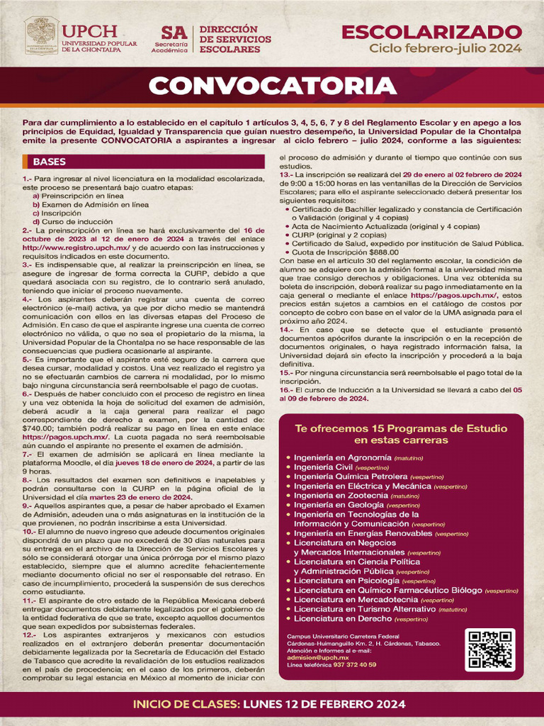 Convocatoria Escolarizado Febrero - Julio 2024 | PDF