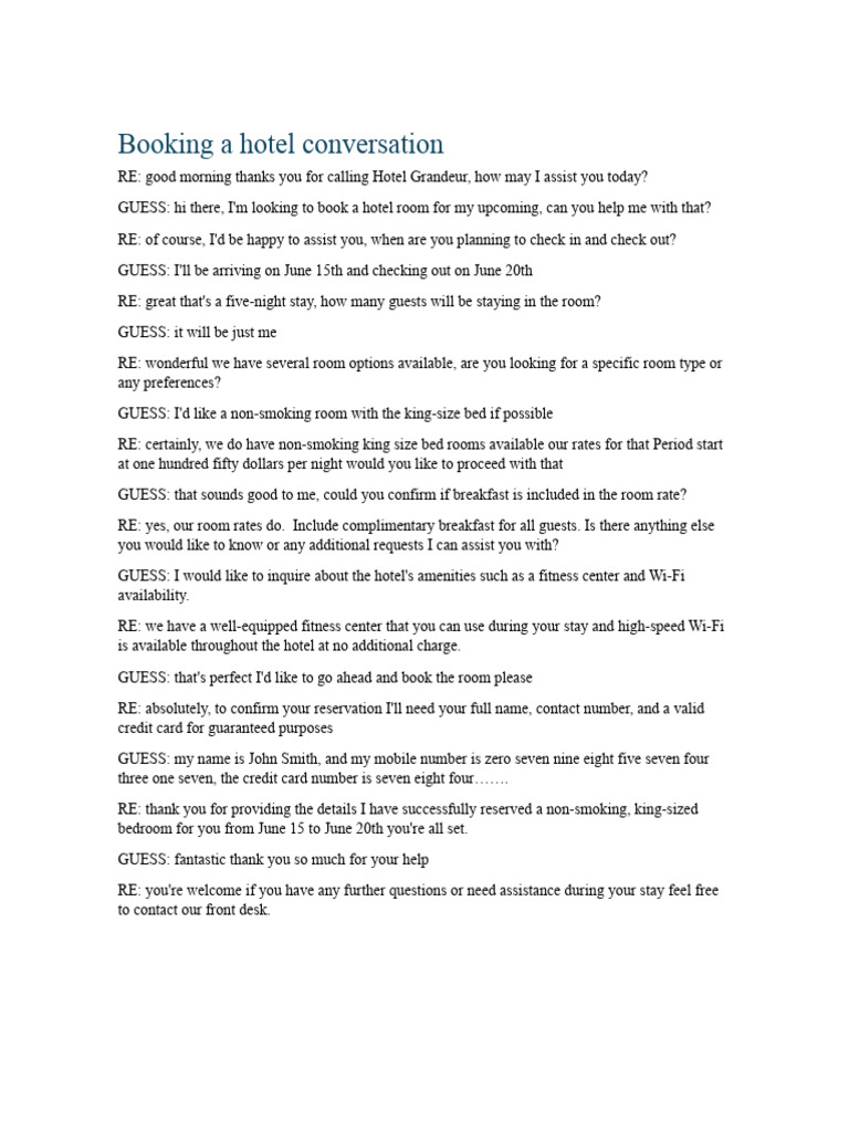 Booking A Hotel Conversation, Check in Out | PDF