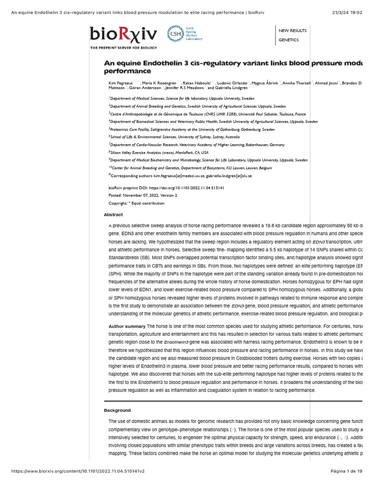 An Equine Endothelin 3 Cis-Regulatory Variant Links Blood Pressure ...