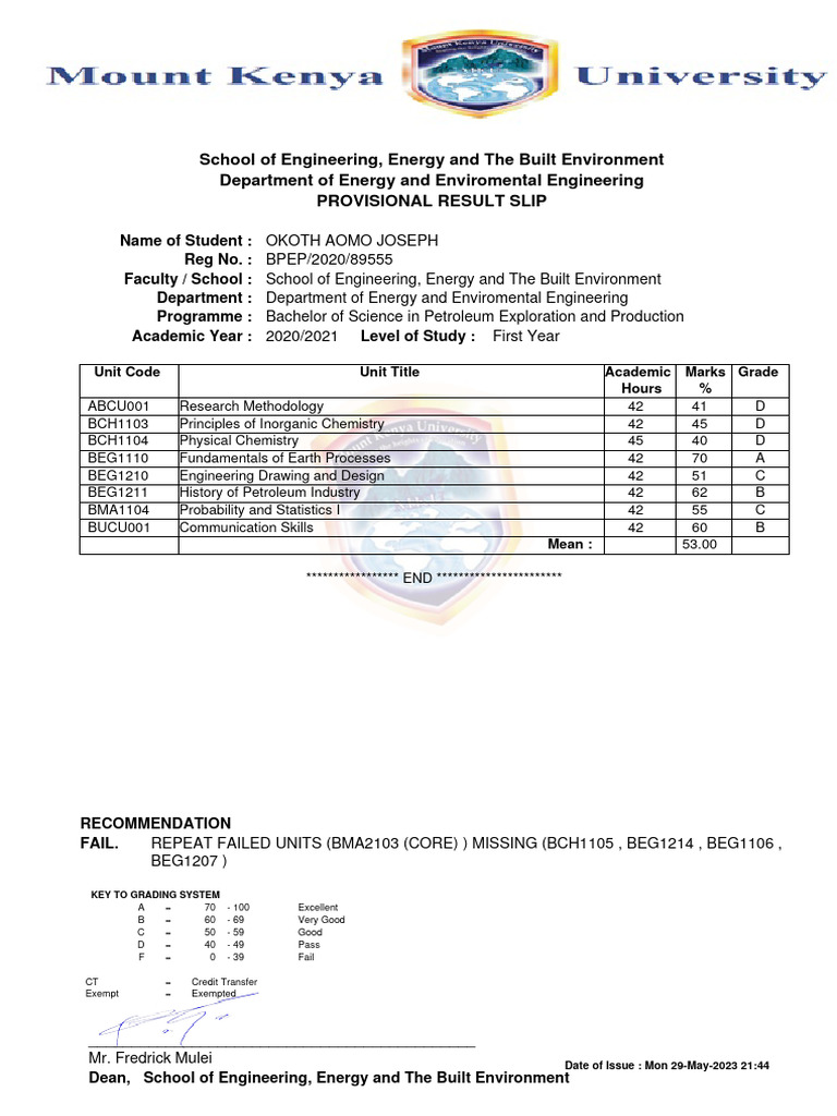 Provisional Result Slip: BSc Petroleum | PDF | Engineering | Science