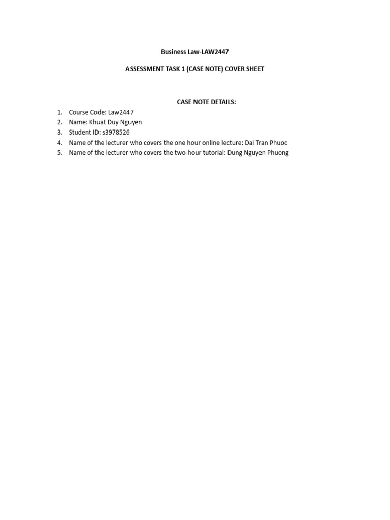 LAW2447 Business Law Assessment Task 1 Case Note | PDF | Negligence | Duty Of Care