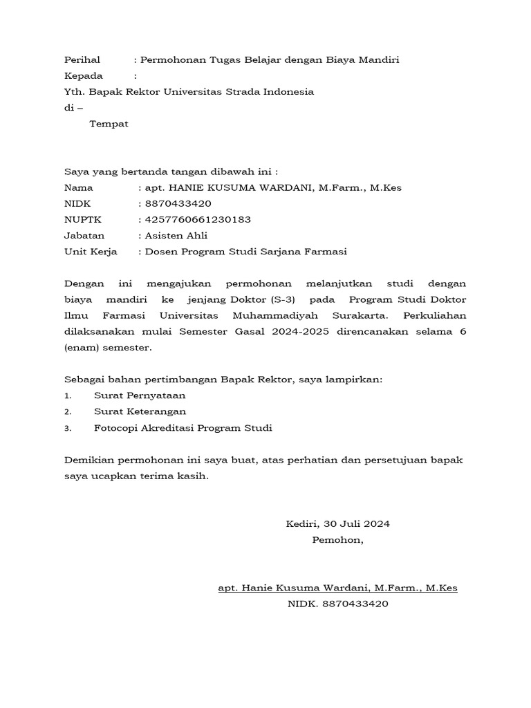 Surat Permohonan Tugas Belajar Non PNS Dengan Biaya Sendiri 2 | PDF Surat Permohonan Tugas Belajar Non PNS Dengan Biaya Sendiri 2 | PDF